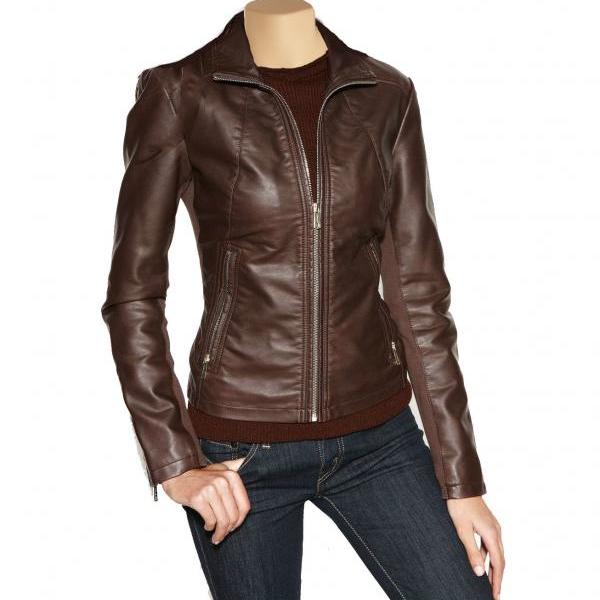 Women's Brown Leather Jacket on Luulla